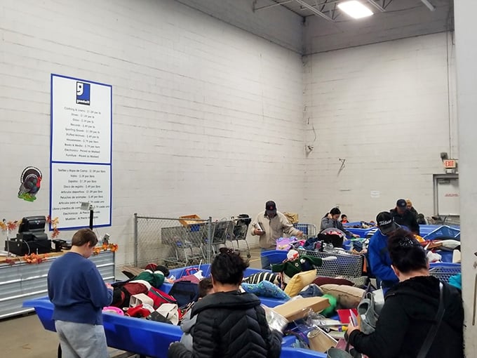 Serious thrifters study the posted rules and pricing charts before diving in&mdash;this isn't amateur hour at the outlet store.