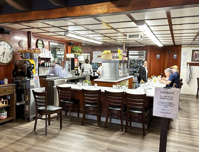 The counter offers front-row seats to all the breakfast action, perfect for solo diners who enjoy watching culinary choreography.