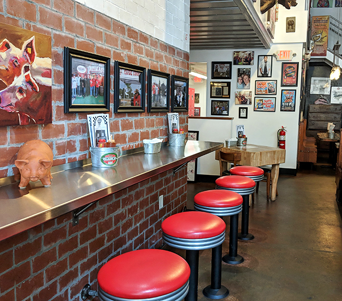 Counter seating with those iconic red stools&mdash;where solo diners never feel alone because the food keeps them company.