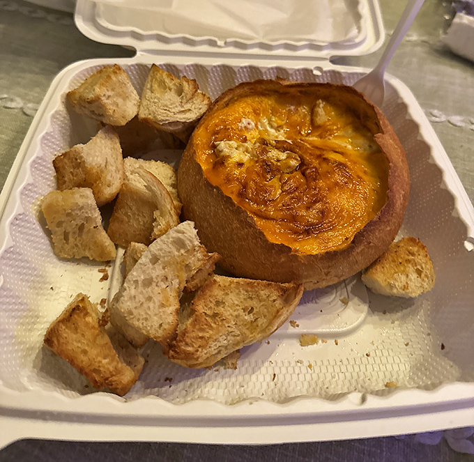 Crab soup in a bread bowl: where the container is as delicious as the contents. Edible dishware is humanity's greatest achievement.