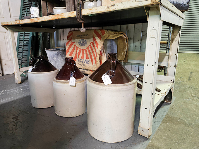 These stoneware crocks once preserved a family's harvest through winter. Now they're waiting to become someone's perfect kitchen accent or umbrella stand.