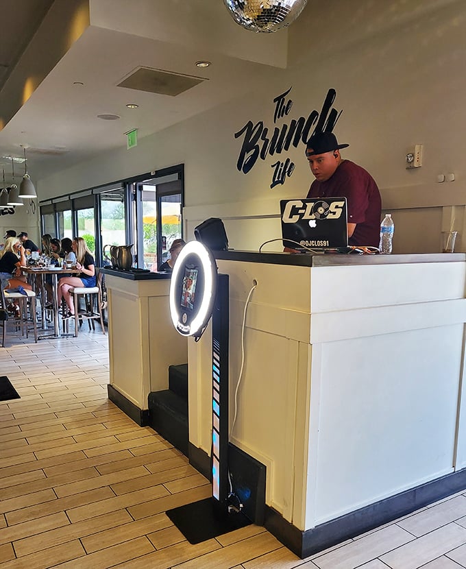 The DJ booth proves breakfast can have a soundtrack. Because nothing pairs with eggs Benedict quite like beats that make mimosas taste better.