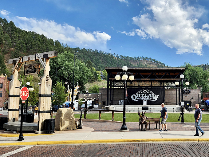 Outlaw Square provides a gathering place where you can almost hear the echoes of frontier deals and duels from centuries past.