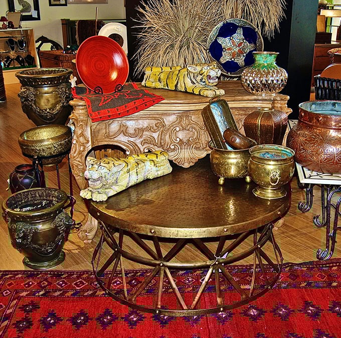 A treasure trove of global accents that would make any interior designer swoon. That brass table alone could be the conversation piece your living room has been missing.