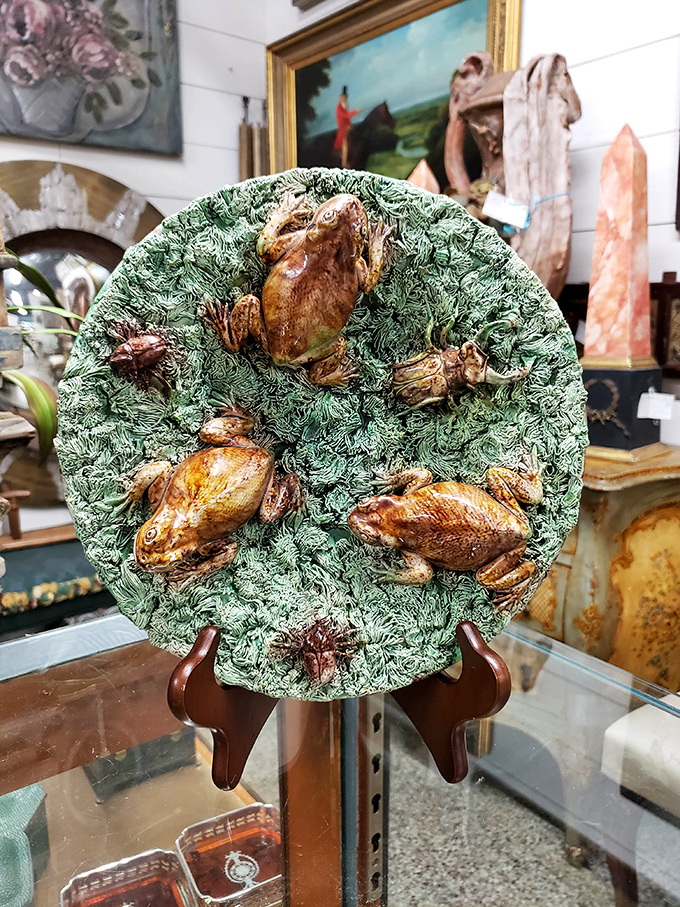 Three frogs having a meeting on a lily pad plate. The kind of quirky conversation piece that makes a house a home.