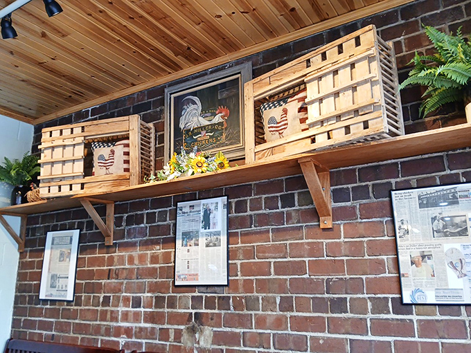 Wooden crates and rooster motifs add just enough charm without veering into kitschy territory. Miller's knows exactly what it is.