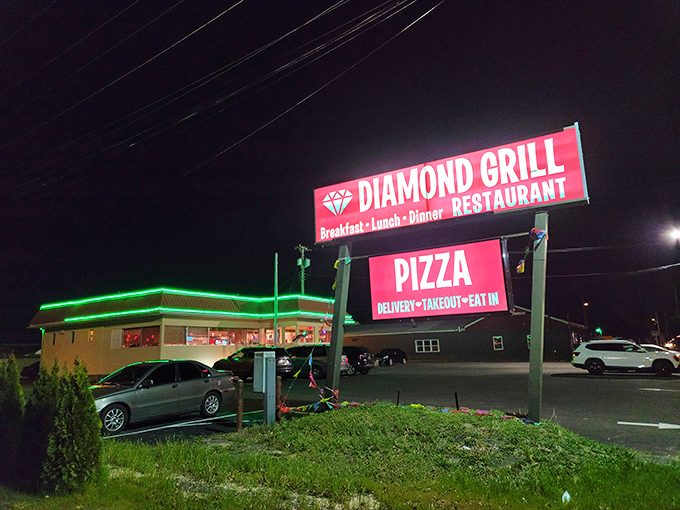 Diamond Grill shines brightly against the night sky, a culinary gem where breakfast, lunch, and dinner are served with small-town hospitality.