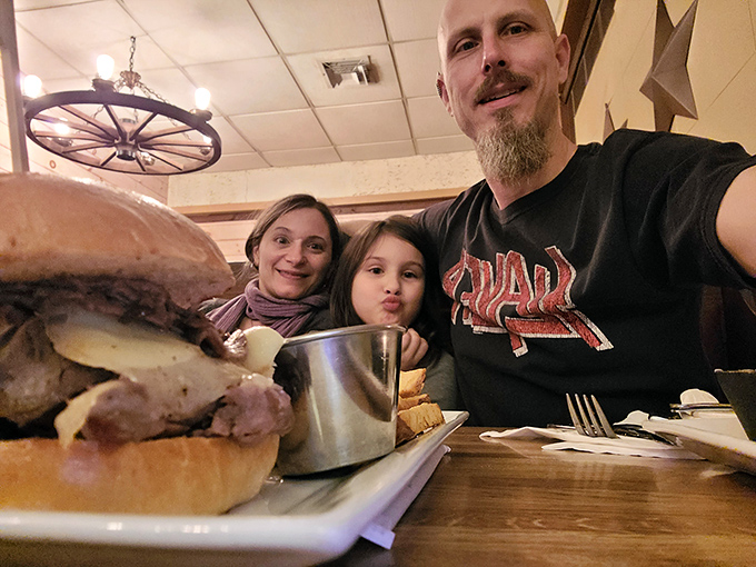A family moment captured mid-meal&mdash;proof that Dodge City creates memories alongside its burgers and steaks.