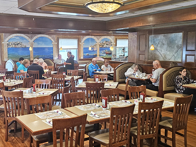The dining room buzzes with conversation and clinking silverware &ndash; murals of seaside scenes remind you you're in the Garden State, not far from shore.