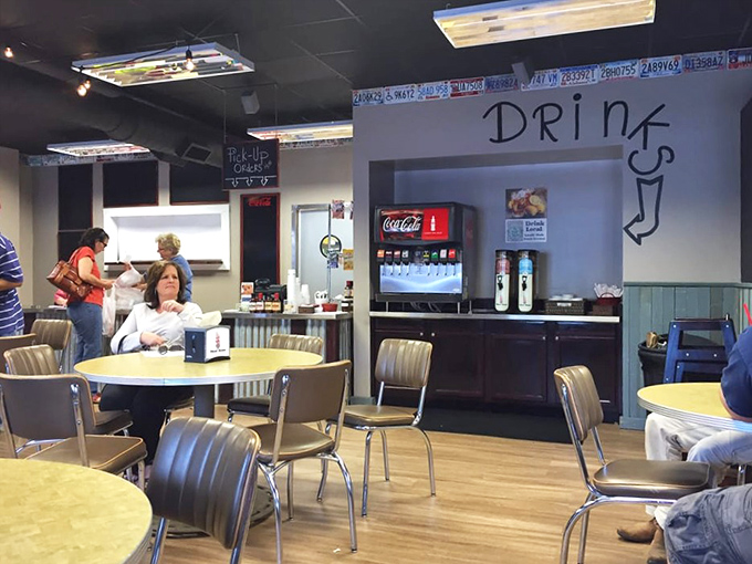 A dining room that prioritizes function over fashion, because when the food is this good, who's looking at the furniture?