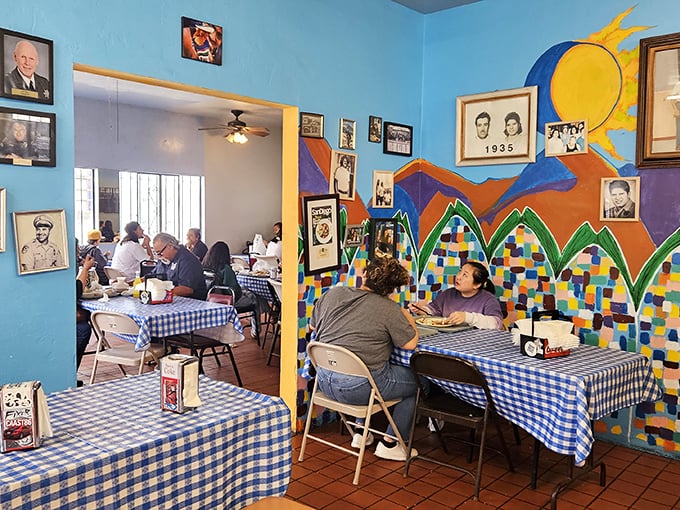 A colorful mural watches over diners who've scored tables, their focused expressions telling you everything about the serious business of enjoying exceptional food.