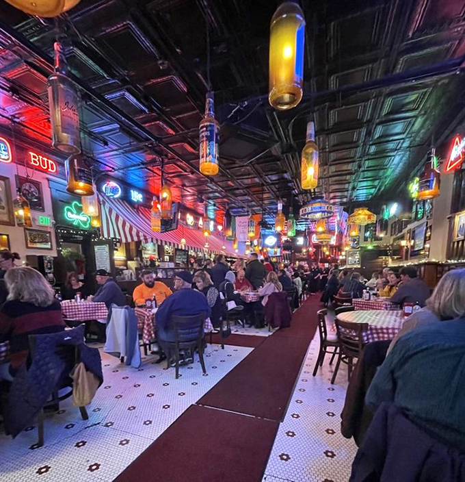 The dining room hums with the symphony of satisfaction &ndash; red checkered tablecloths setting the stage for meat-centric memories in the making.