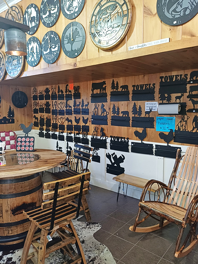 Rustic decor that makes you want to trade your apartment for a cabin. Those metal animal silhouettes have more personality than most dating profiles.