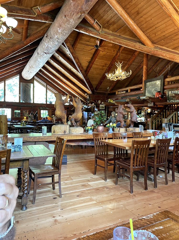 Nature meets nurture as antler chandeliers and taxidermy keep watch over diners enjoying meals that would make a black bear jealous.