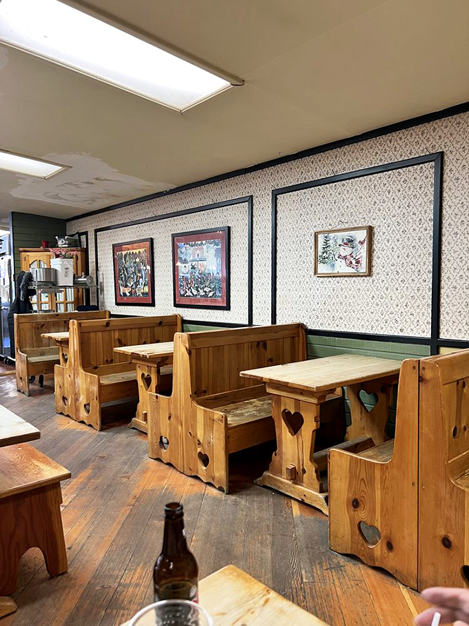 Country-chic seating with heart-shaped cutouts &ndash; because nothing says "I love pie" like sitting on a bench that says it too.