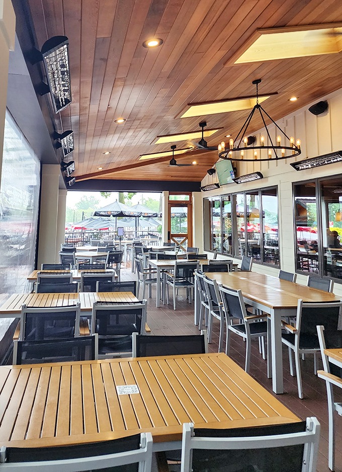 Modern elegance meets lakeside casual in this dining space. Those wooden ceilings draw your eye up, but the lake views pull it right back.