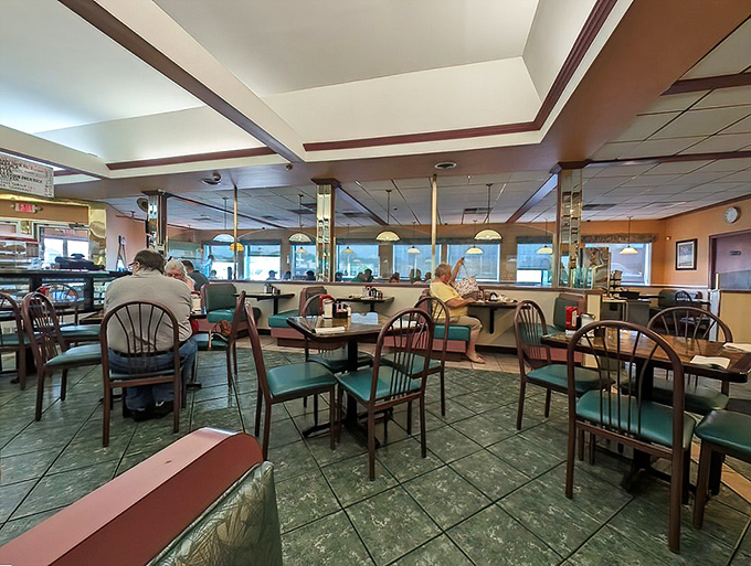 The dining room spreads out like your favorite living room, only with better food and someone else does dishes.