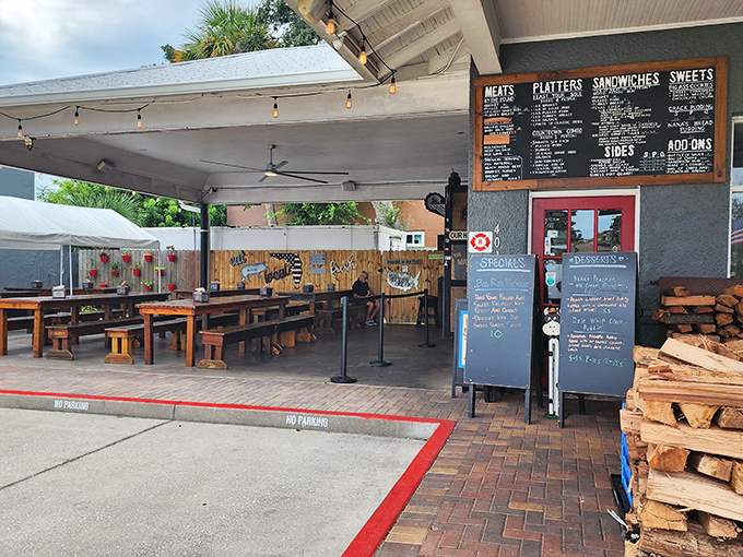 The covered dining area offers shelter from the elements but not from the inevitable food coma that follows a proper barbecue feast.