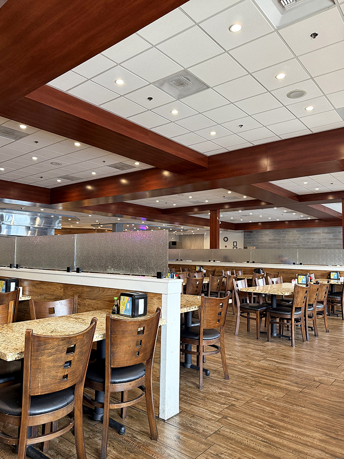 The architectural details elevate the dining experience. Those wooden ceiling beams say "Yes, we're a buffet, but we have standards, thank you very much."