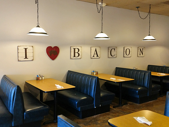 "I ❤️ BACON" isn't just wall art &ndash; it's a mission statement, a philosophy, and the most honest relationship status ever displayed in a Kansas diner.