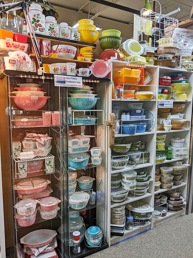 The motherlode of vintage Pyrex and kitchenware in colors that defined mid-century America. Grandma's kitchen, meticulously organized and ready for a new generation.