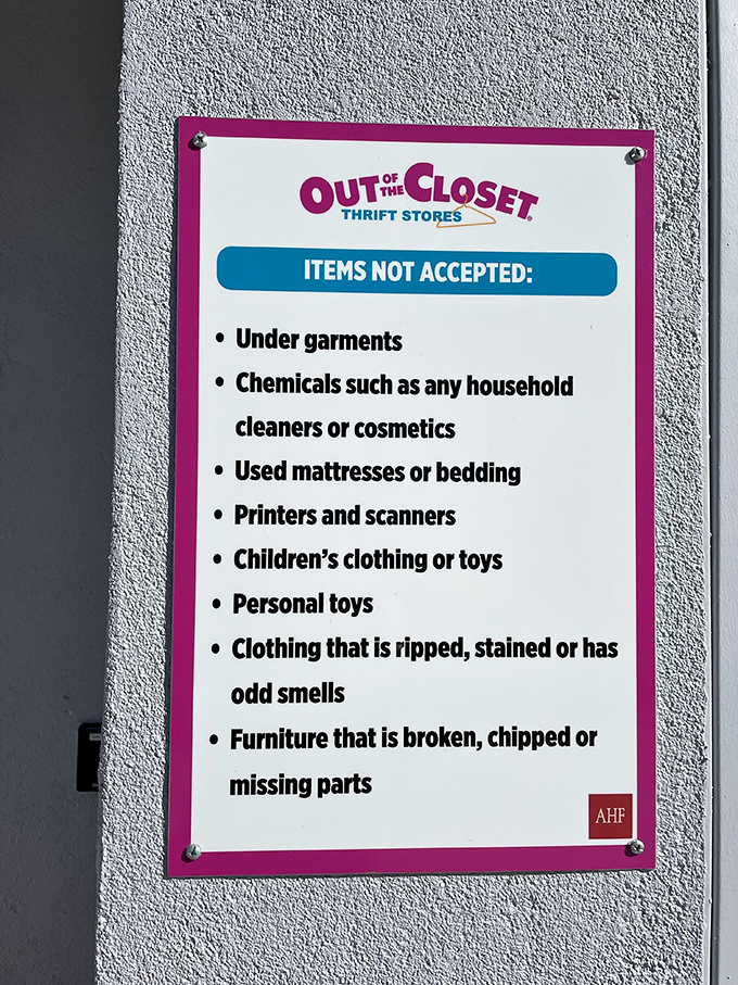 The donation guidelines read like a gentle reminder that even secondhand shops have standards&mdash;sorry about your "gently used" underwear collection.