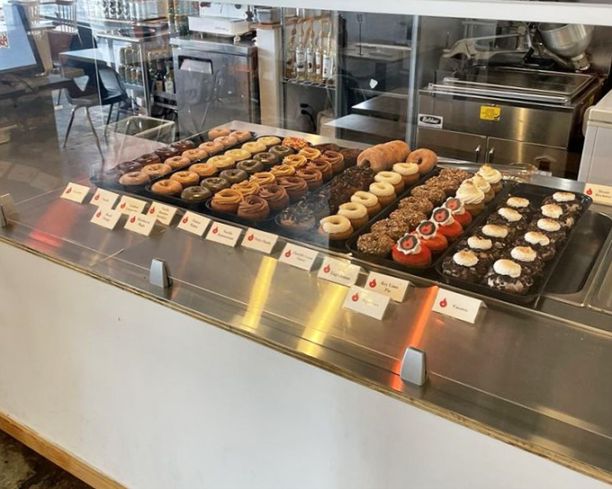 Behind glass, rows of donuts stand at attention like delicious soldiers, each one a different path to happiness.