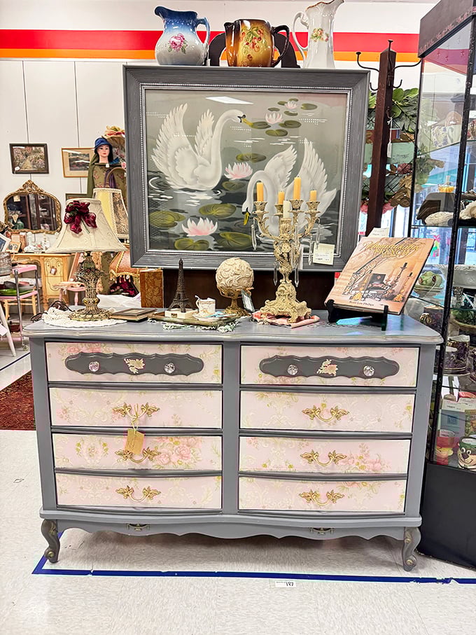 Not just a dresser, but a canvas transformed. Someone lovingly gave this vintage piece new life with paint and hardware while honoring its graceful bones.
