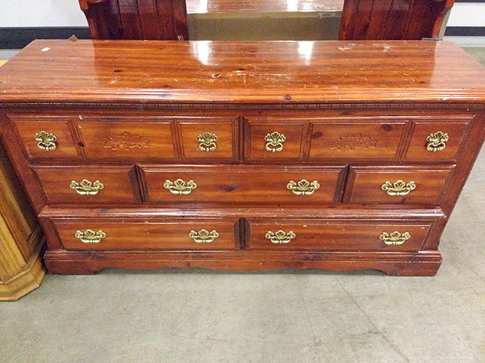 A dresser with character and brass handles that whisper stories of decades past.
