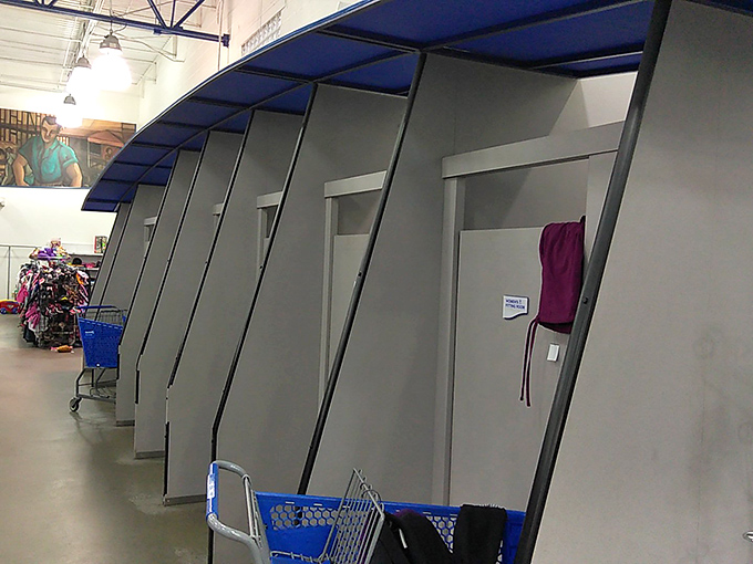 Private fitting rooms with proper doors&mdash;because trying on second-hand fashion deserves first-class dignity.