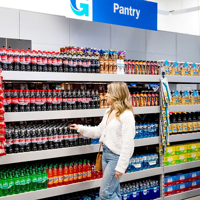 The pantry section stocks everything from sodas to coffee, because bargain hunters need to stay hydrated and caffeinated.