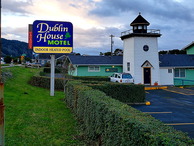 The Dublin House Motel's lighthouse facade stands as coastal kitsch perfection—architectural proof that whimsy and comfort can happily coexist.