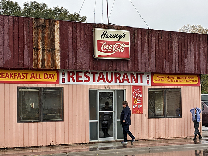 Rain can't keep the faithful away from Harvey's&mdash;this entrance has welcomed generations of Sioux City residents seeking shelter from storms and hunger pangs alike.