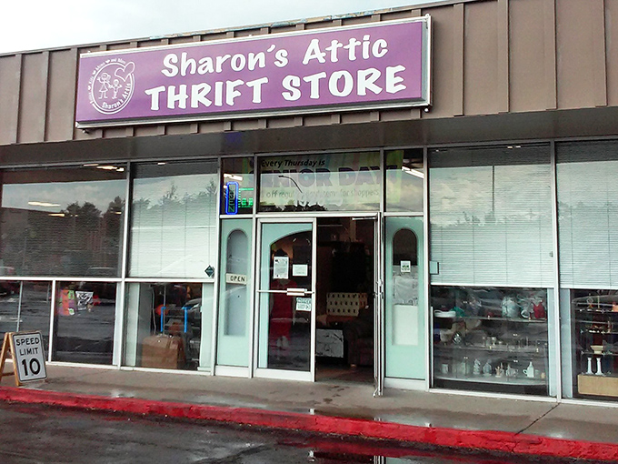 The front entrance: where thrift adventures begin. The purple signage has become a beacon for Flagstaff's savvy shoppers.