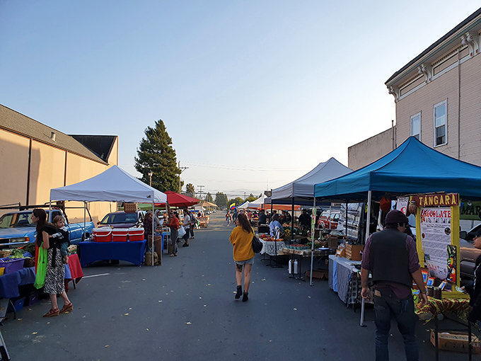 Fortuna's farmers market creates a weekly social hub where neighbors catch up while filling bags with seasonal bounty.