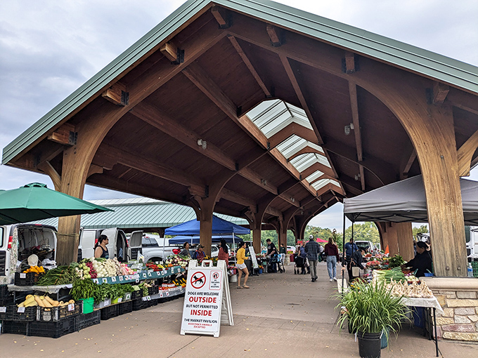 The farmers market pavilion shelters a bounty of local produce, where conversations with farmers come free with every purchase of impossibly fresh vegetables.