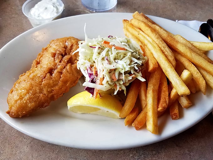 Golden fish and fries with a perfect coleslaw crown. Even seafood gets the royal treatment at this BBQ kingdom.