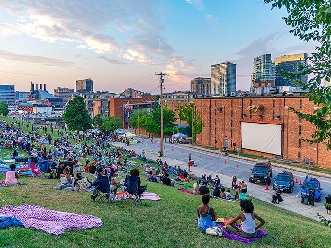 As twilight embraces Federal Hill, locals gather for outdoor movies with the glittering skyline serving as nature's most spectacular theater curtain.