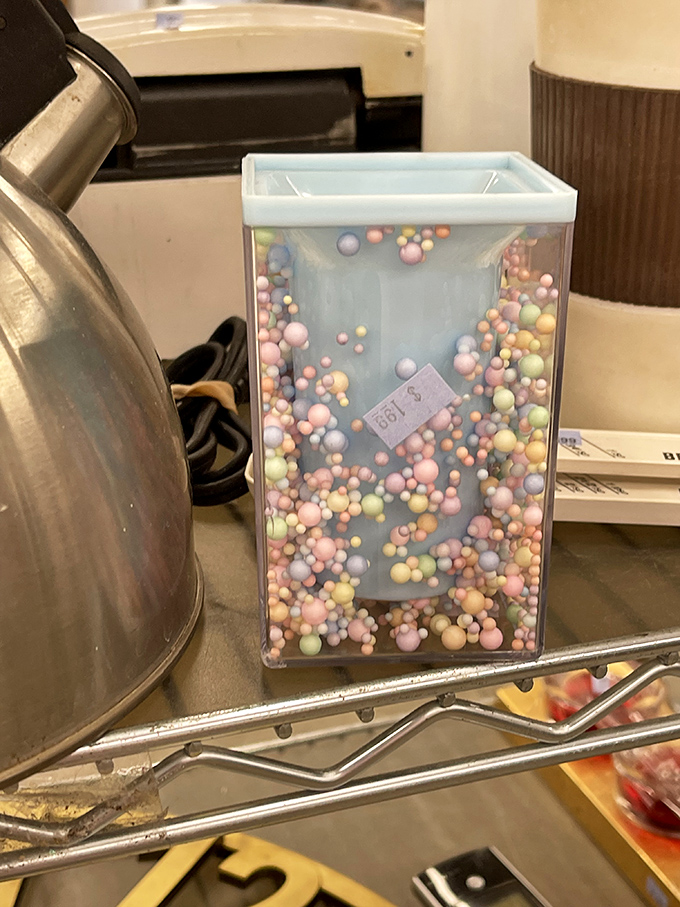 Even the oddest items find homes here. This container of colorful foam beads might be perfect for someone's craft project or sensory toy.