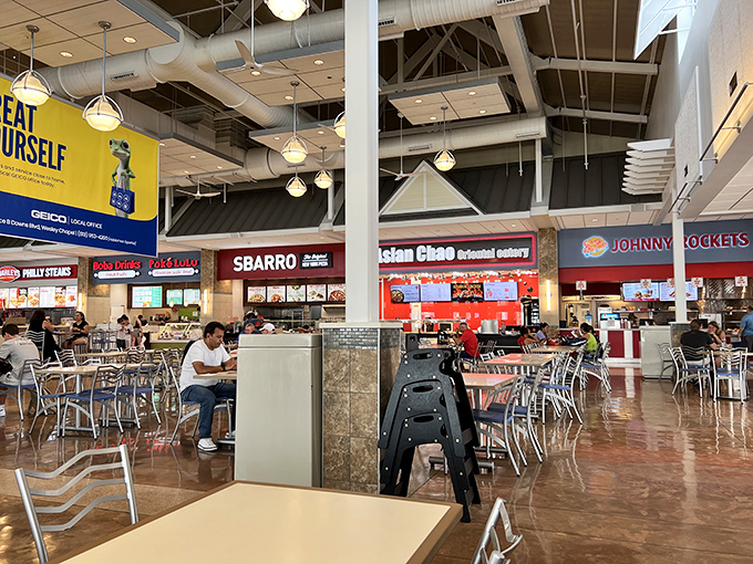 The food court offers sustenance for weary shoppers who've earned their calories through aggressive bargain hunting marathons.