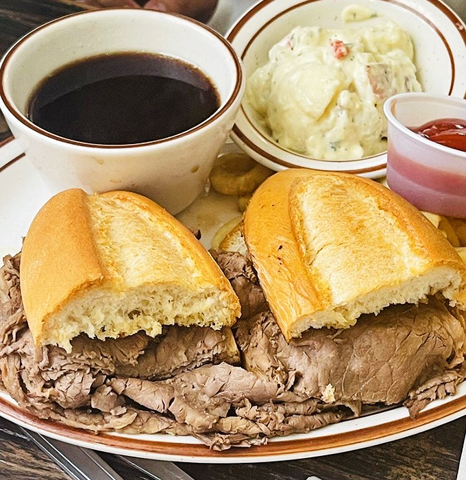 The French dip sandwich&mdash;tender roast beef nestled in a pillowy roll with a side of jus so good you'll want to drink it straight.