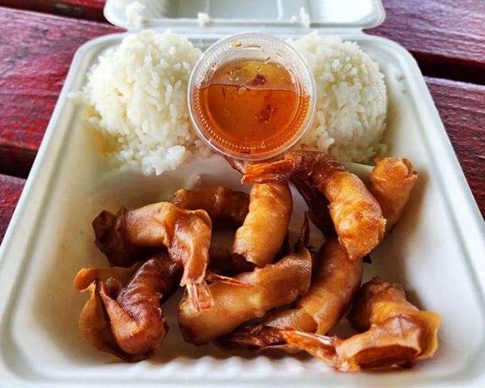 Crispy fried shrimp with two scoops of rice&mdash;a Hawaiian plate lunch that makes you wonder why mainland meals are so complicated.