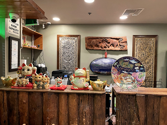 Lucky cats and traditional decorations welcome you at the front desk&mdash;silent promises of the good fortune about to befall your taste buds.