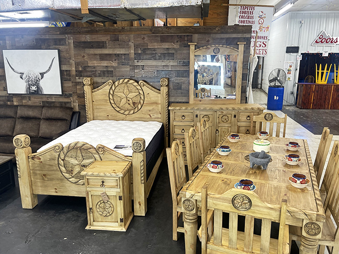 Rustic furniture with Texas star motifs transforms any home into a ranch house. This bedroom set practically whispers "yeehaw" in your sleep.