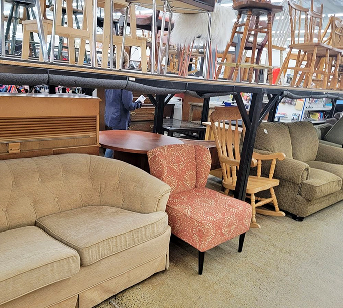 The furniture section: a comfortable patchwork of styles where mid-century modern mingles with cozy traditional in perfect thrifty harmony.