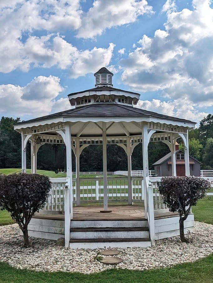 Wedding dreams are made of this. The classic white gazebo stands ready for everything from marriage proposals to morning meditation sessions.