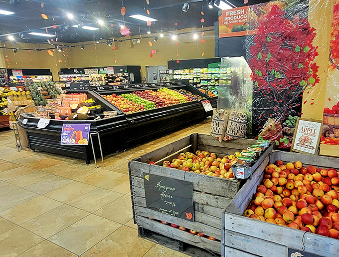 Produce displays that make grocery shopping feel like an event. These apples didn't travel further to get here than you did.