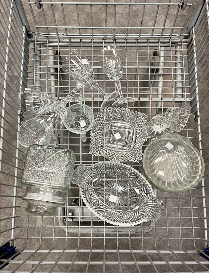 Crystal clear bargains! Vintage glassware that would make your grandmother swoon, all nestled in a simple metal cart.