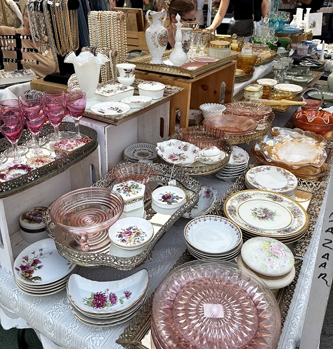 Delicate glassware and vintage china await new dinner parties and afternoon teas—each piece carrying the elegant ghosts of gatherings past.