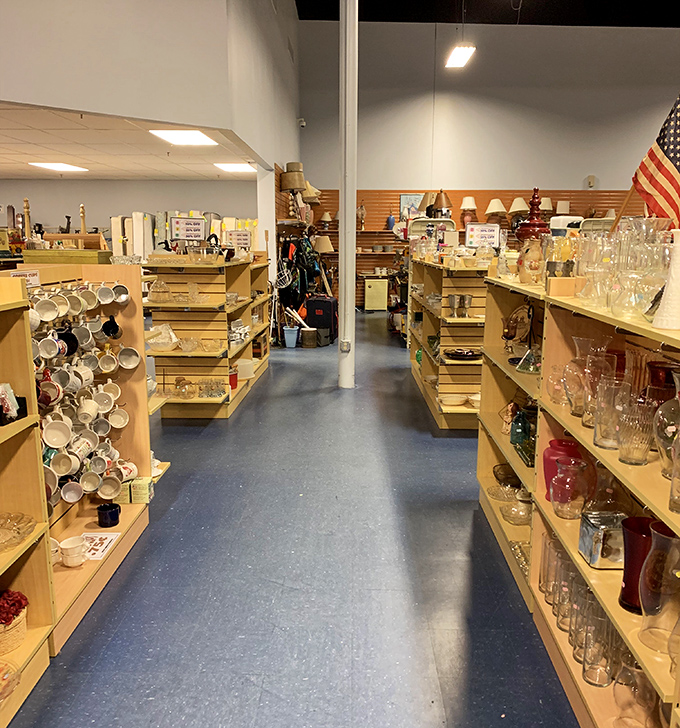 Glassware galore! From everyday tumblers to potential family heirlooms, these shelves hold vessels for everything from iced tea to Manhattan cocktails.